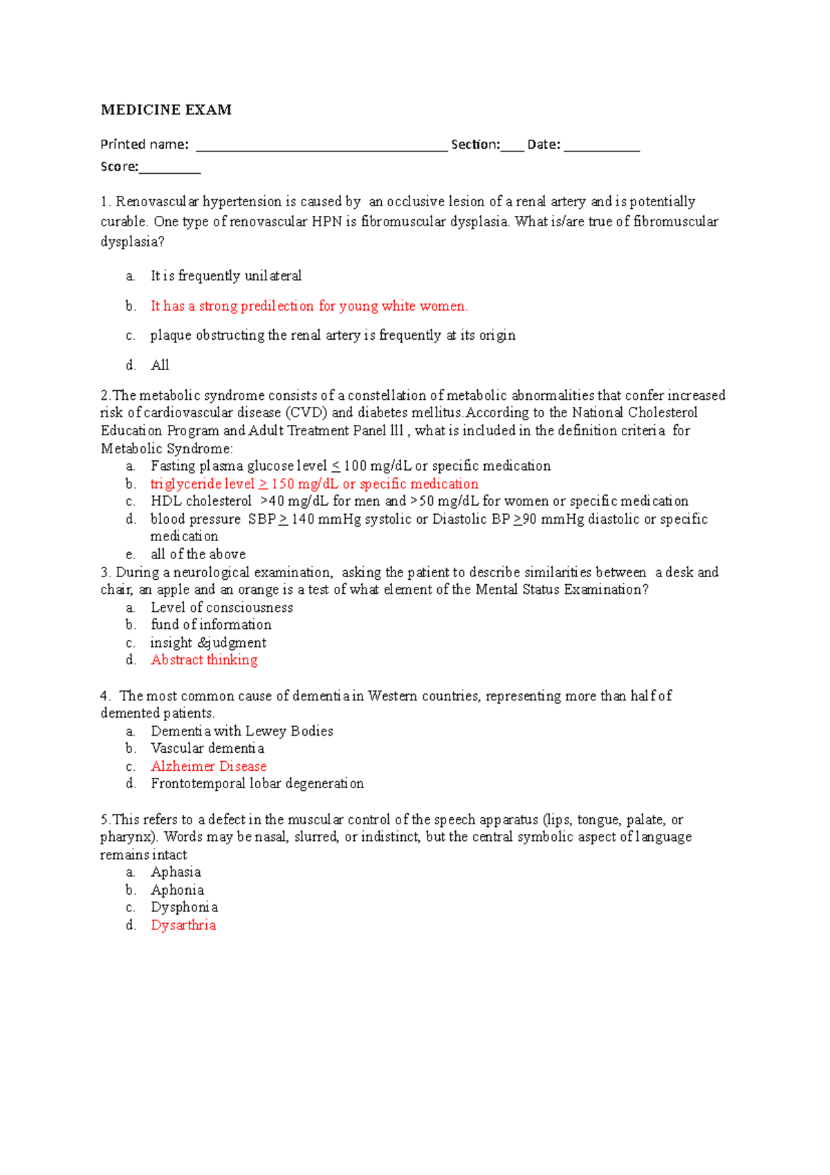 Exam 16 November 2017, questions and answers - MEDICINE EXAM Printed ...