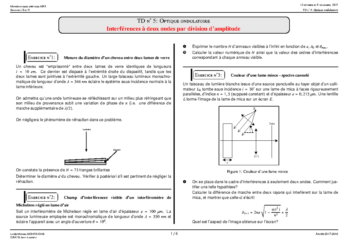 Interferences par division d amplitude exercices - Math ́ematiques ...