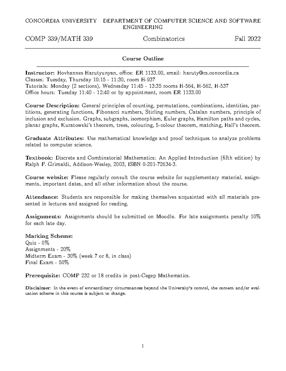 COMP 339 - Course Outline - CONCORDIA UNIVERSITY DEPARTMENT OF COMPUTER SCIENCE AND SOFTWARE ...