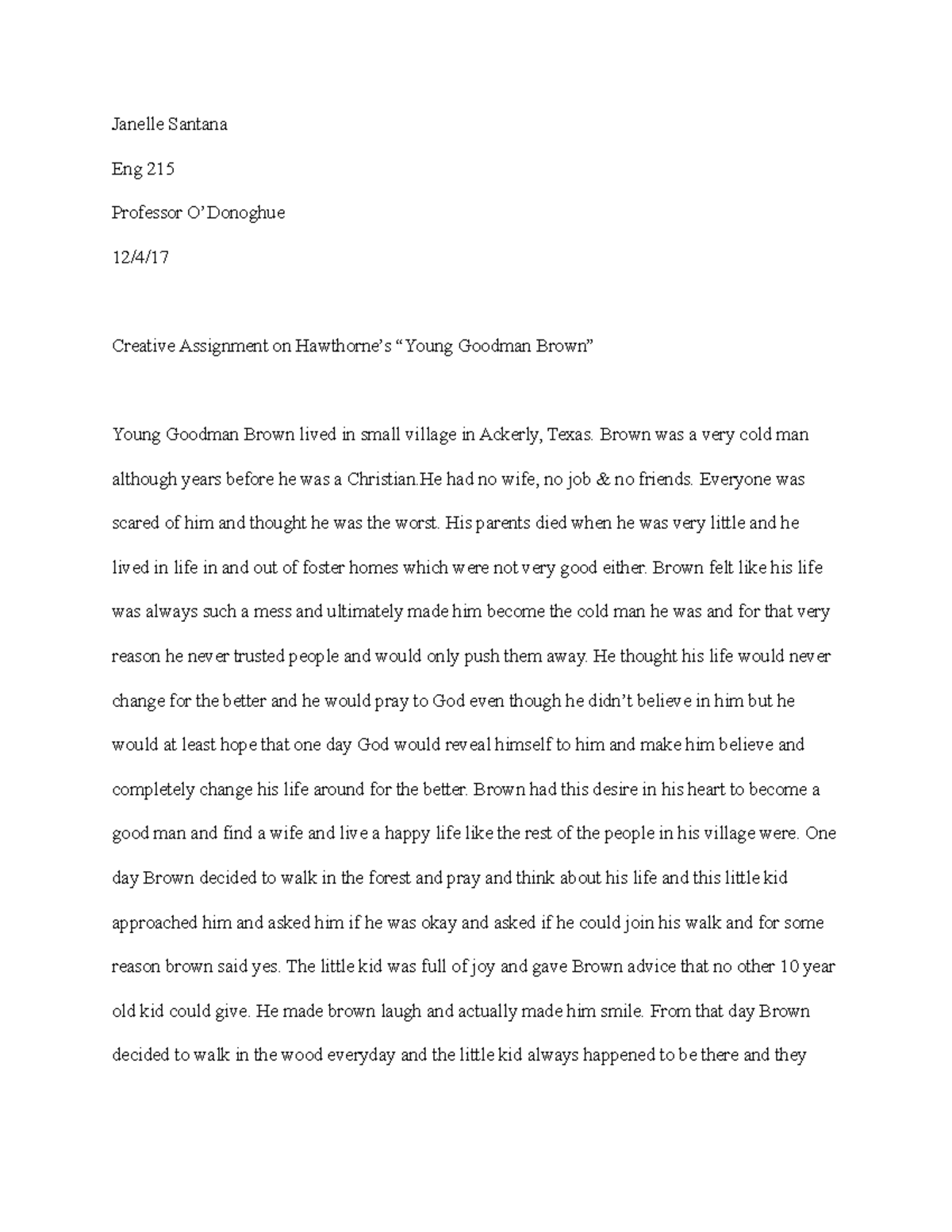 Hawthorne’s “Young Goodman Brown” - Janelle Santana Eng 215 Professor O ...