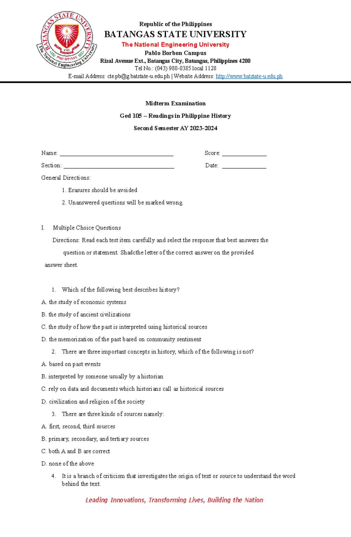 Template Exam-Revision - BATANGAS STATE UNIVERSITY The National ...