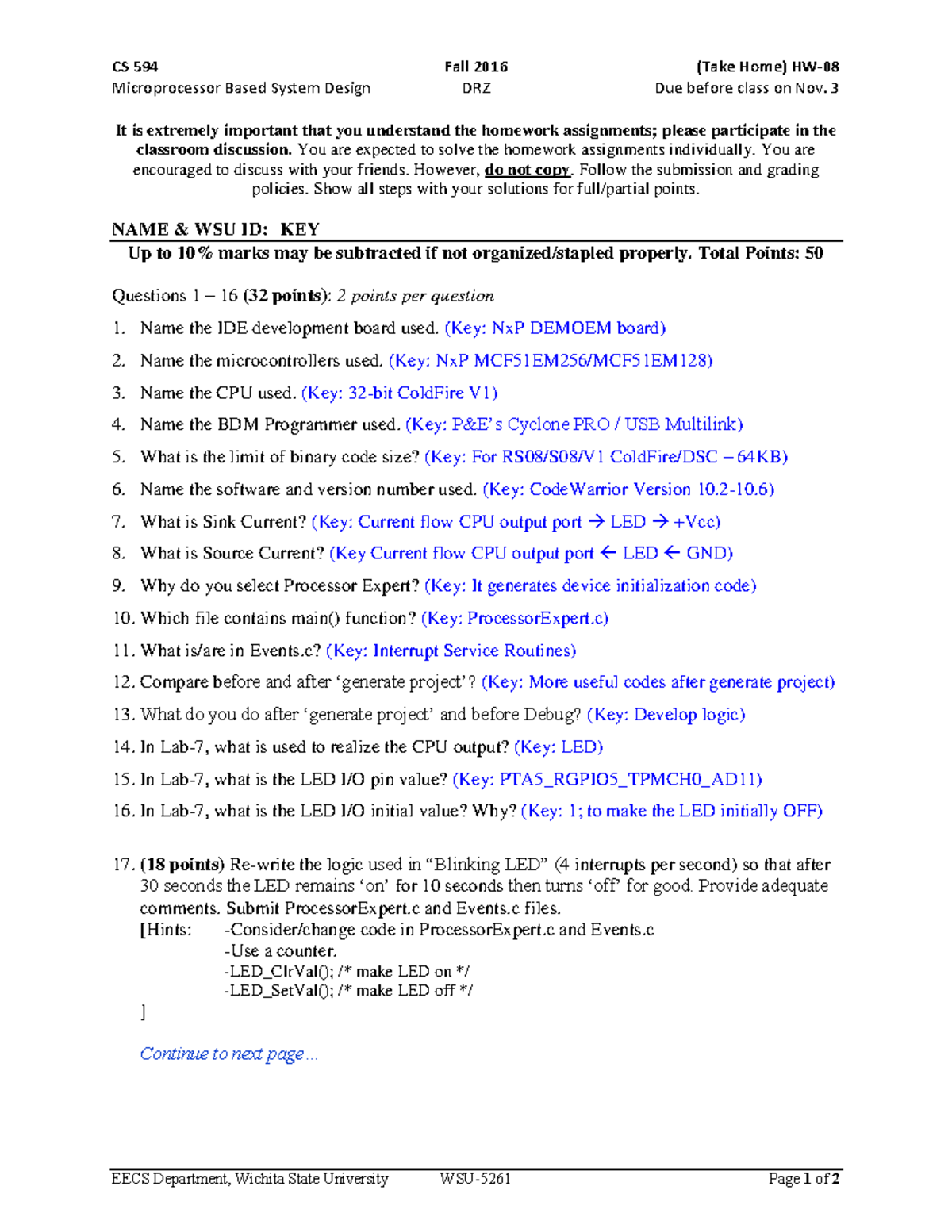 CS594Fall16 HW 08 Key - HW Answer Key - CS 594 Fall 2016 (Take Home) HW- Microprocessor Based ...