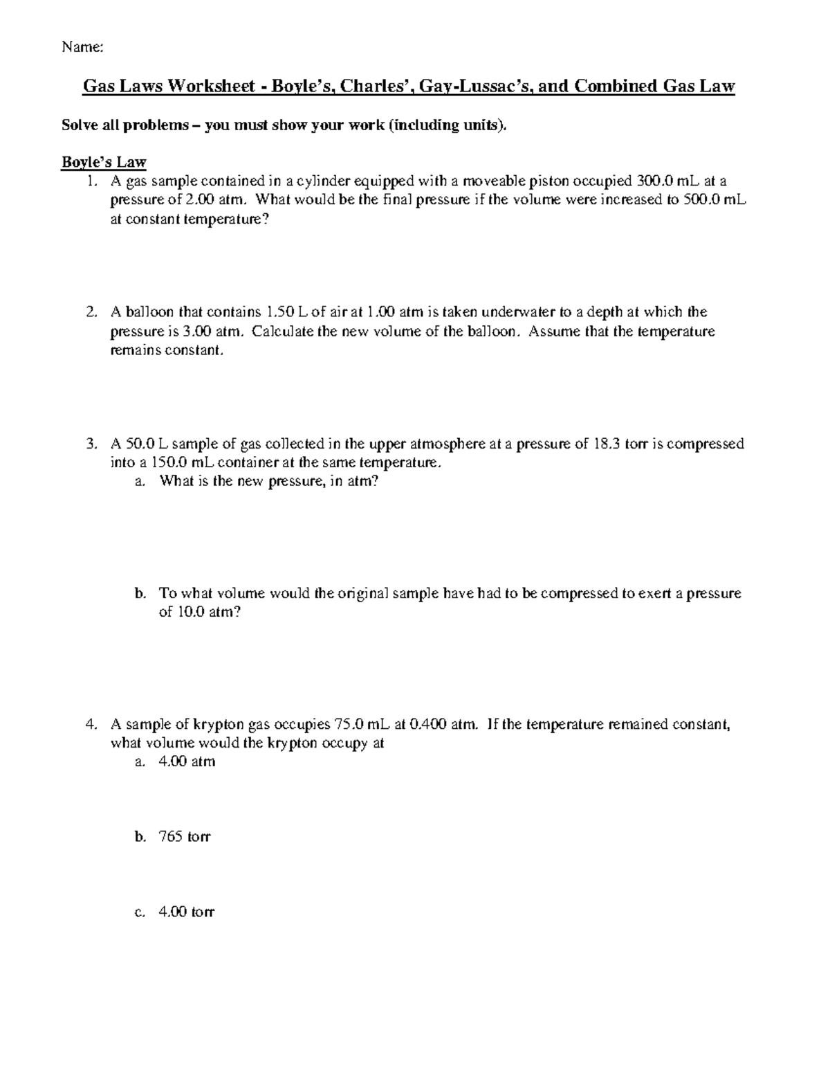All gas laws wksts - Practice working with all of the gas laws - Name ...