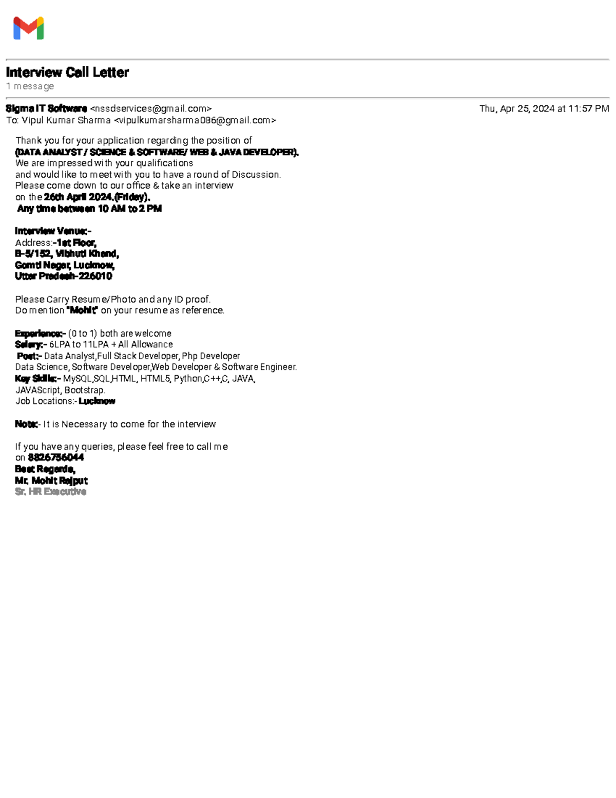 Gmail - Interview Call Letter - Interview Call Letter 1 message Sigma ...