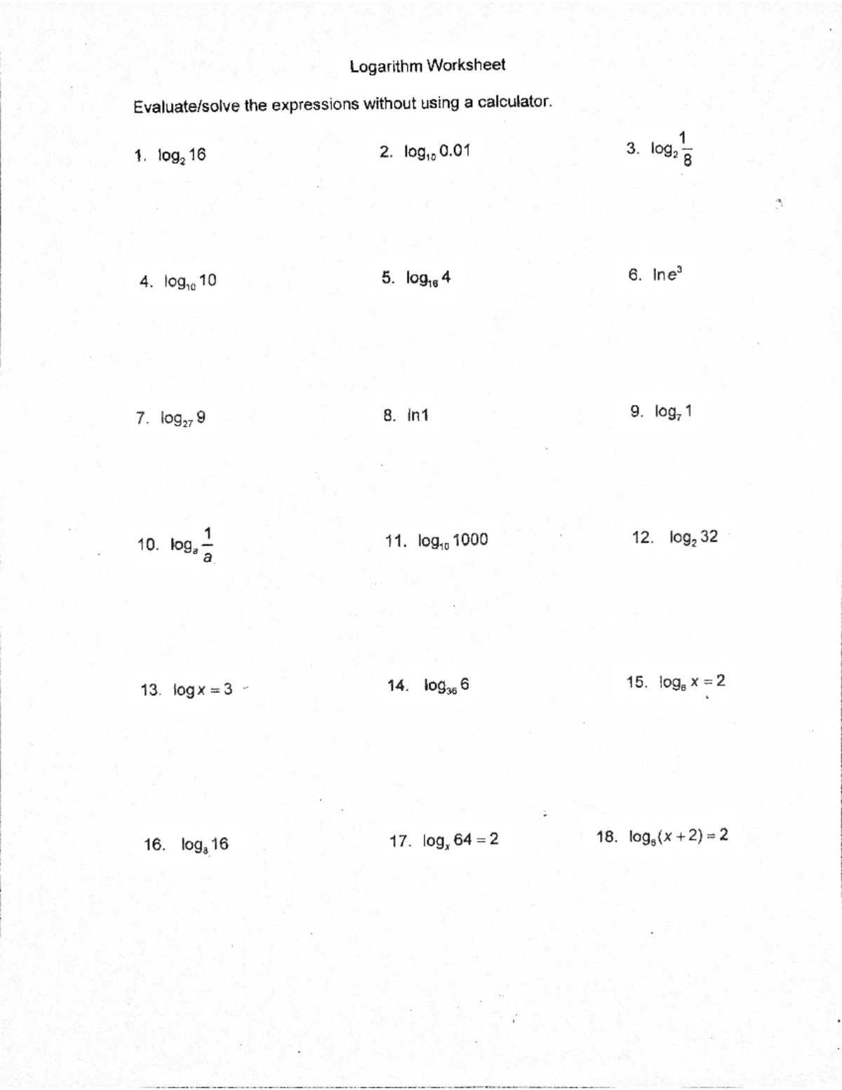 Log worksheet - idk - Studocu