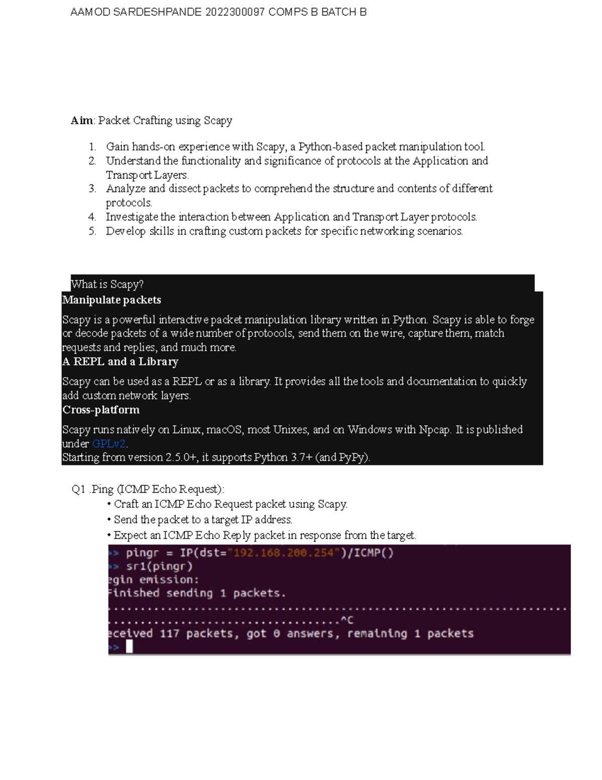 CCN Exp.7 - COMP SCI - AAMOD SARDESHPANDE 2022300097 COMPS B BATCH B Aim: Packet Crafting using ...