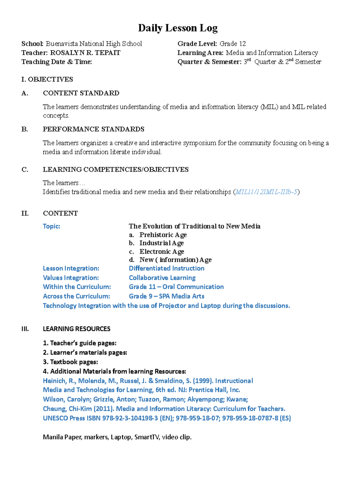 Daily Lesson Log DEMO 2 - Daily Lesson Log School: Buenavista National ...