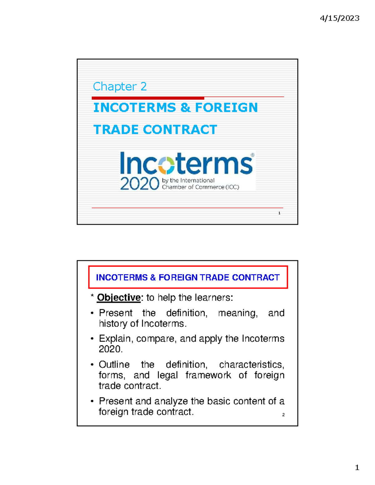 Chapter 2 Incoterms and contracts - 1 Chapter 2 INCOTERMS & FOREIGN ...