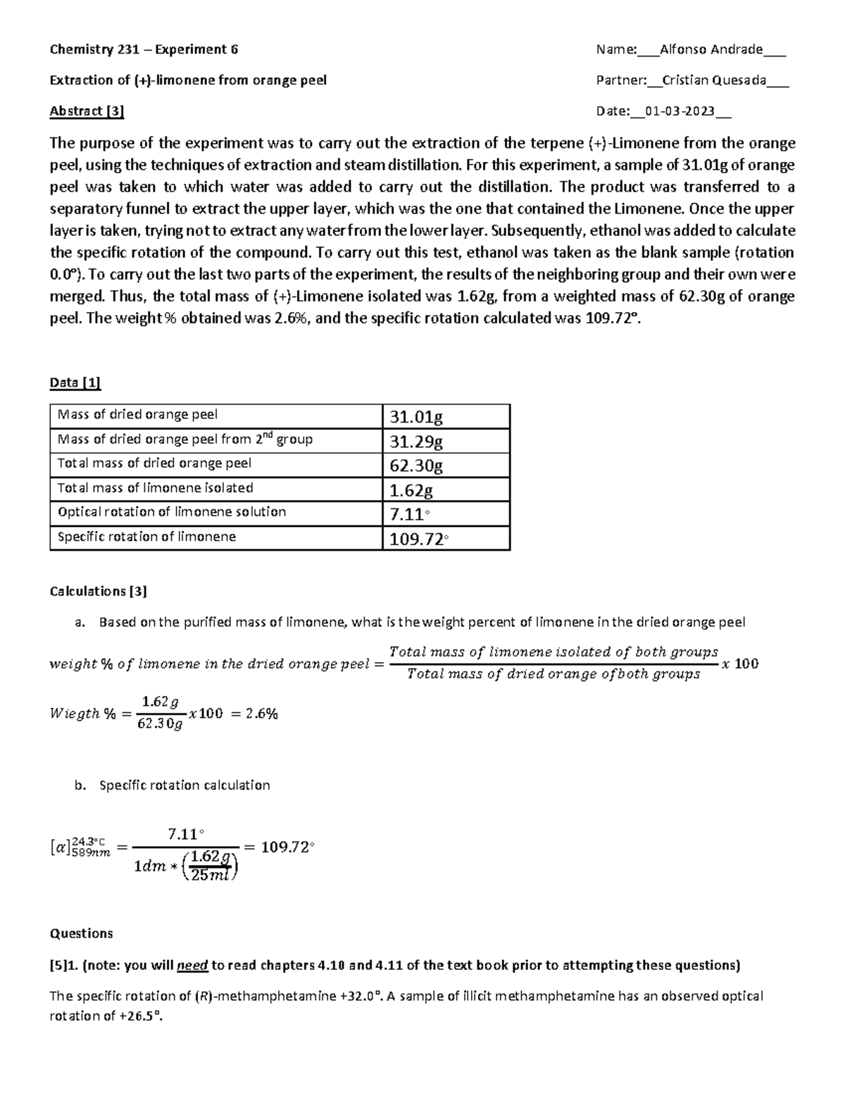 Chem 230 - Exp 6 - Orange oil - Lab Assignment Sheet (1) - Chemistry ...