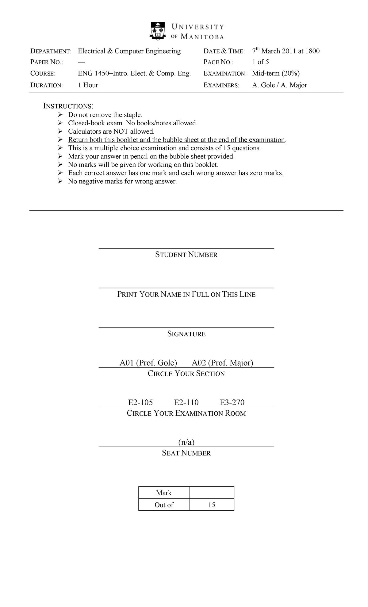 Midterm, 2011 winter - Introduction To Electrical And Computer ...