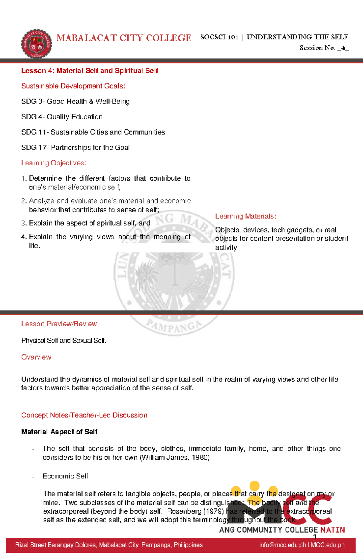 Uself Lesson 4 - Understanding the Self MOD4 - Session No. _ 4 _ Lesson ...