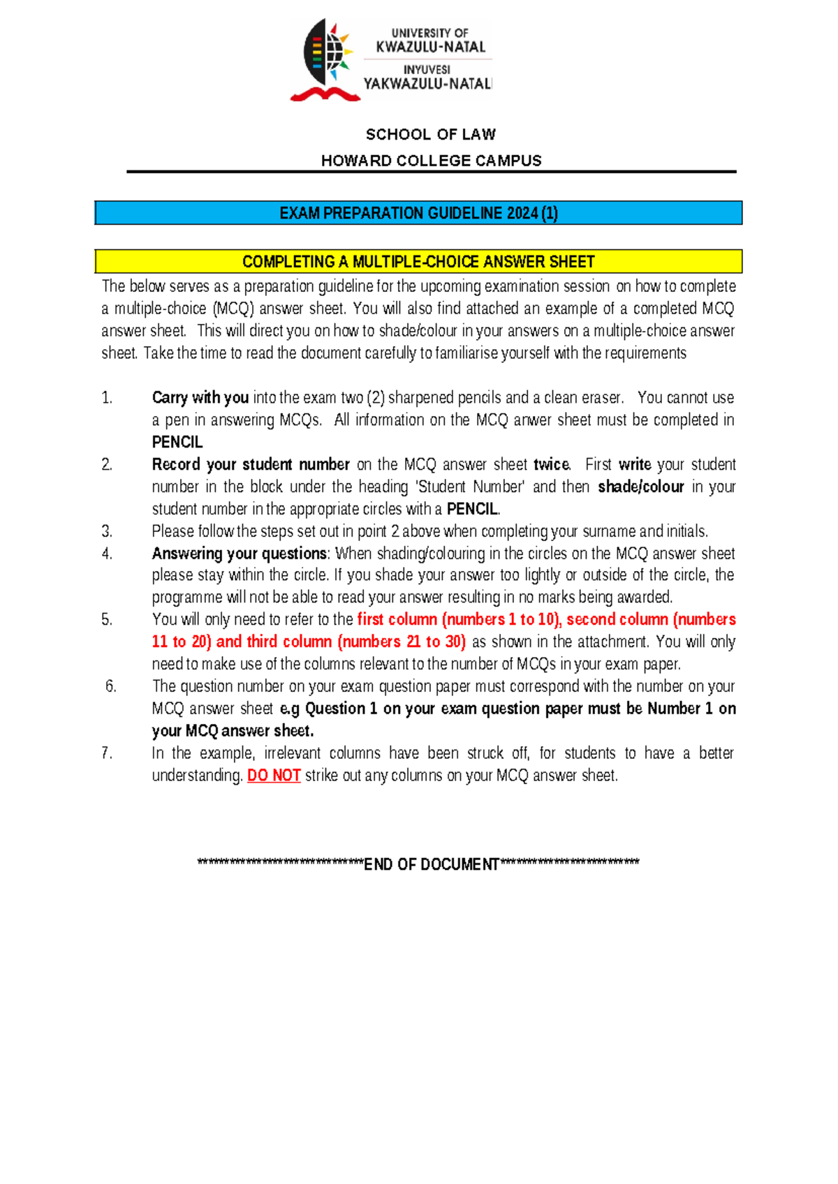 MCQ Guideline 2024 - bhgg - SCHOOL OF LAW HOWARD COLLEGE CAMPUS EXAM ...