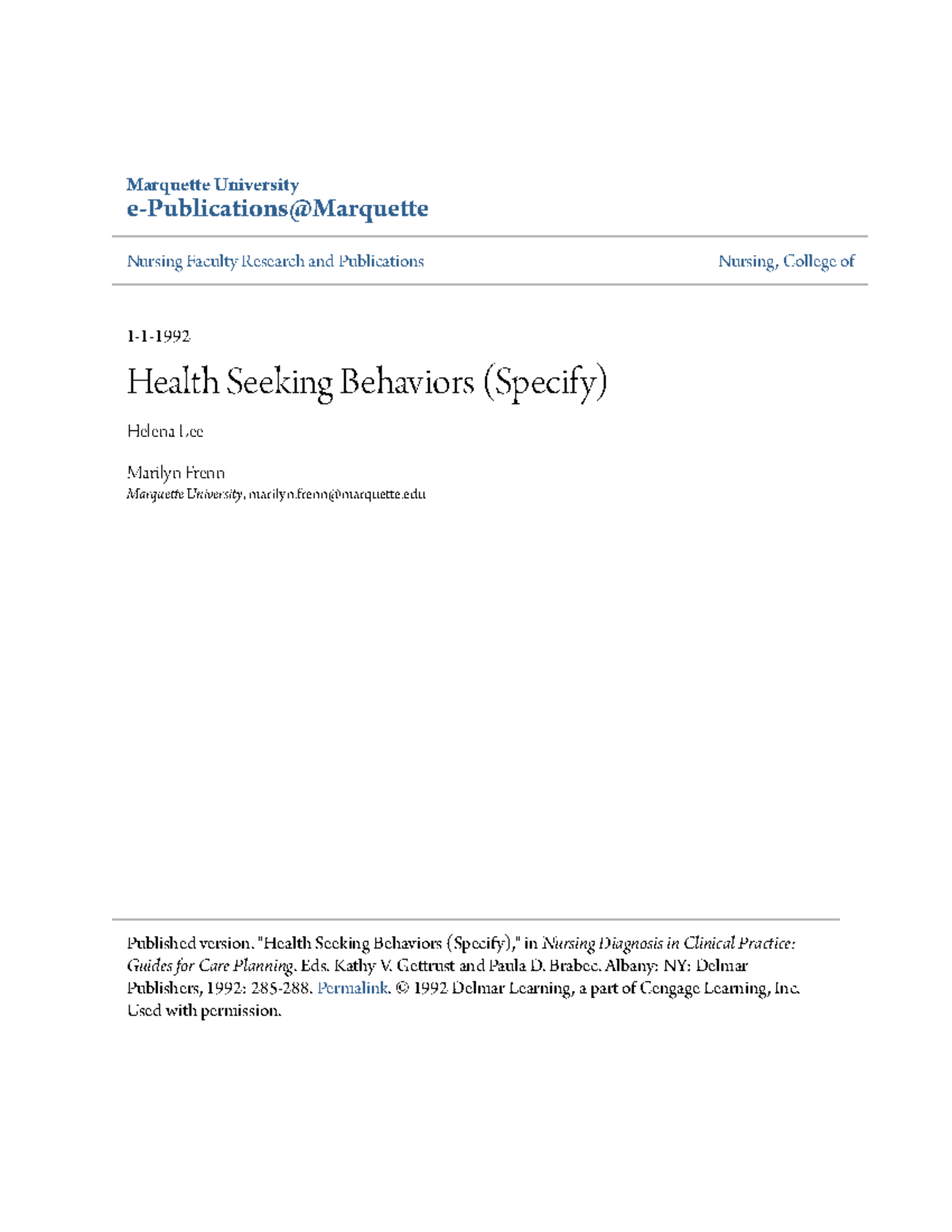 Health Seeking Behaviors (Specify) - ####### Marquette University e ...