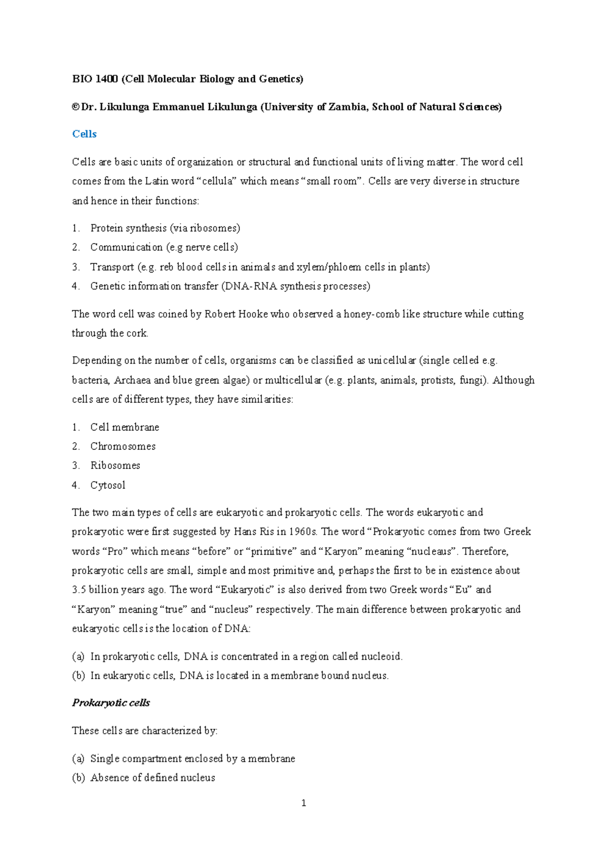 BIO 1400 Cells - Dr Likulunga Emmanuel Likulunga - BIO 1400 (Cell ...