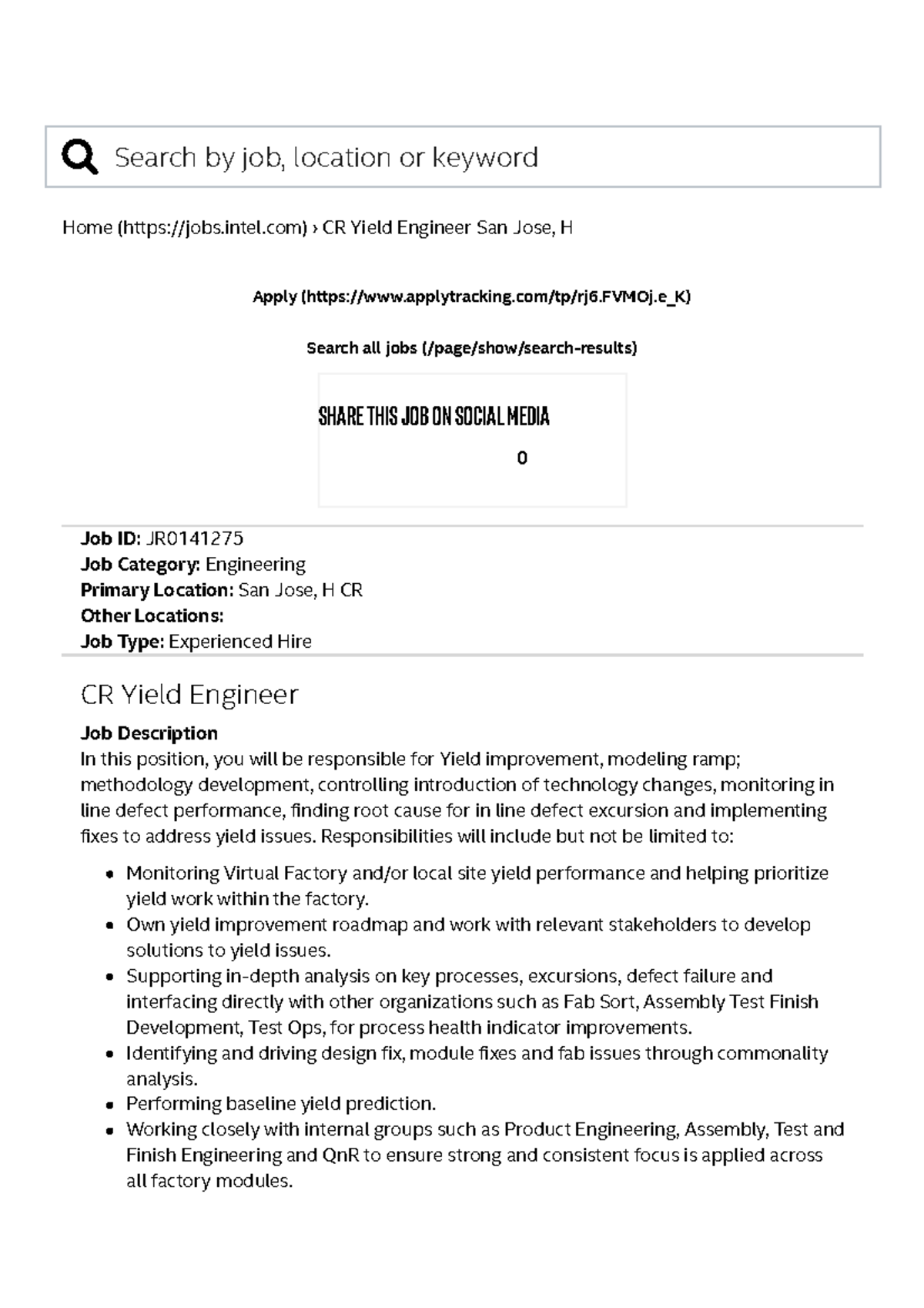 CR Yield Engineer Careers at Intel in San Jose, H - Skip to main ...