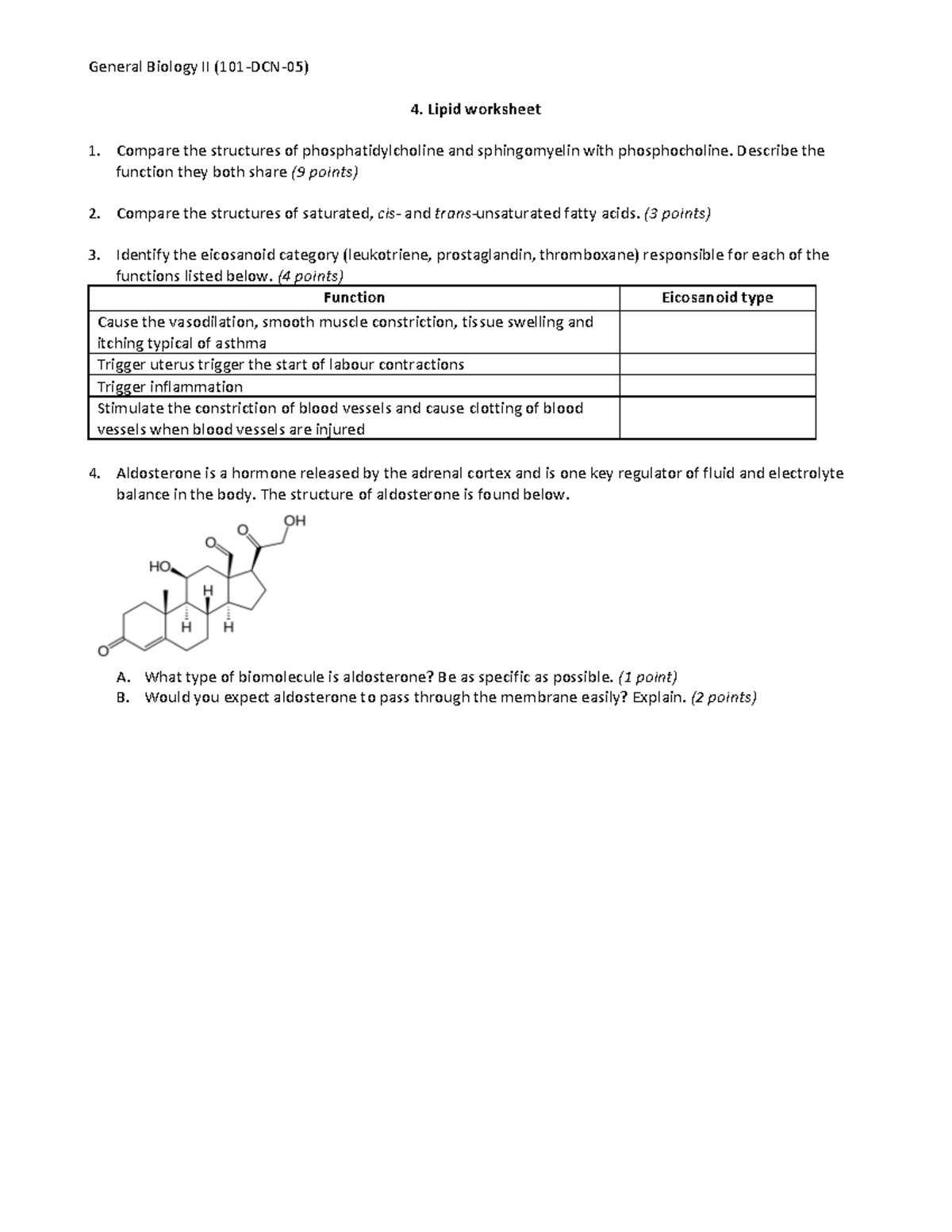 Lipid worksheet - General Biology II (101-DCN-05) Lipid worksheet ...