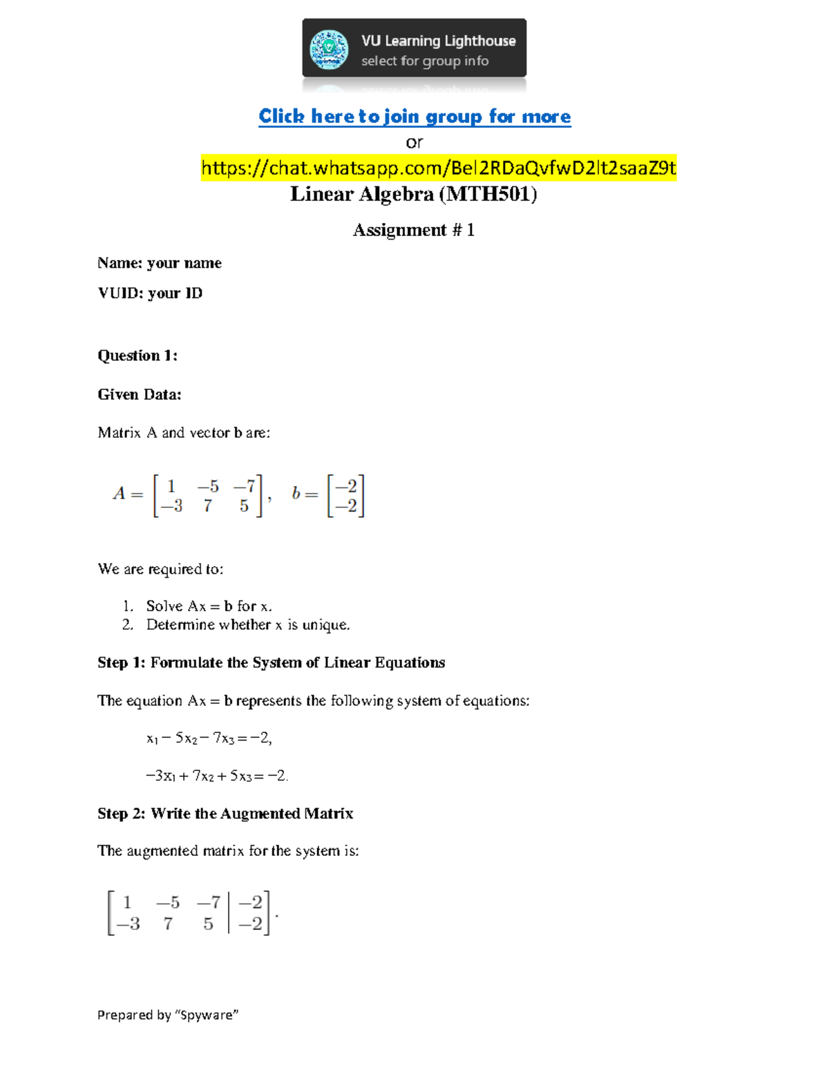 MTH501 assignment solution - or chat.whatsapp/Bel2RDaQvfwD2lt2saaZ9t Linear Algebra (MTH501 ...