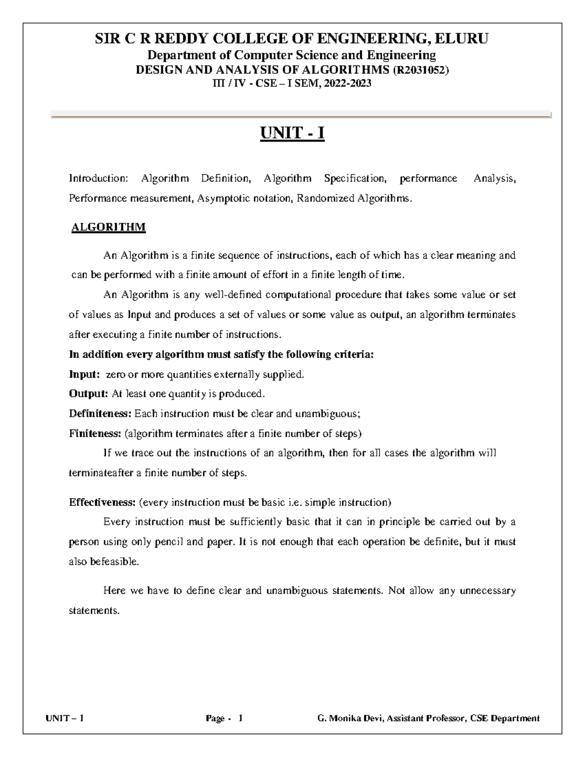 DAA UNIT-I Introduction - Department of Computer Science and Engineering DESIGN AND ANALYSIS OF ...