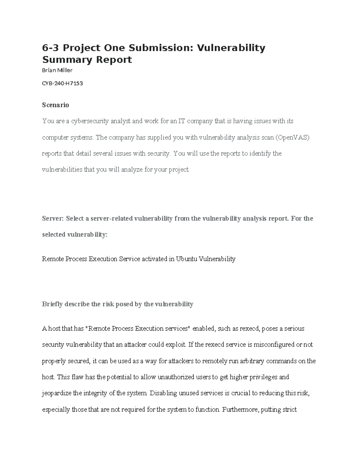 6-3 Project One Submission Vulnerability Summary Report Brian Miller ...