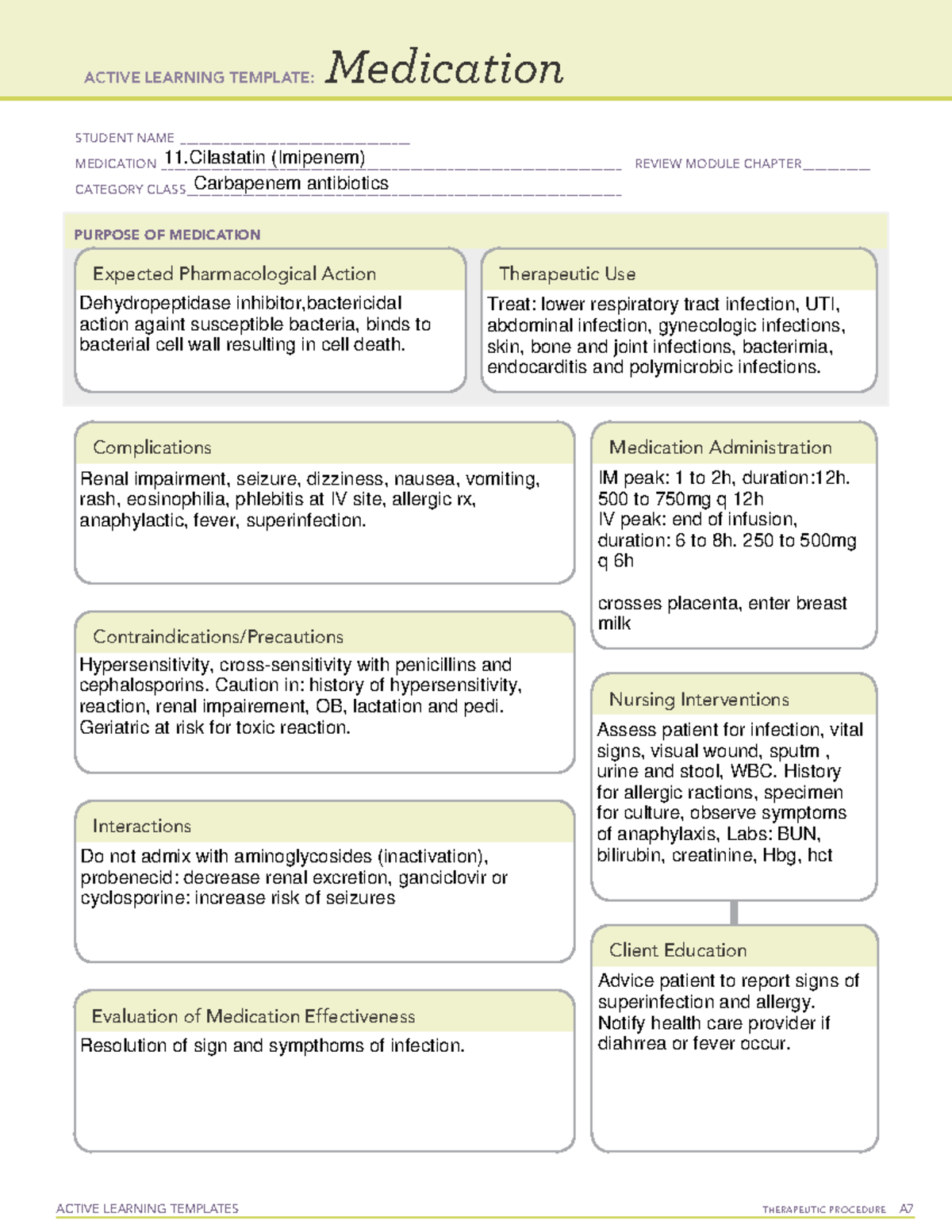 11 Cilastatin - Notes - ACTIVE LEARNING TEMPLATES THERAPEUTIC PROCEDURE ...