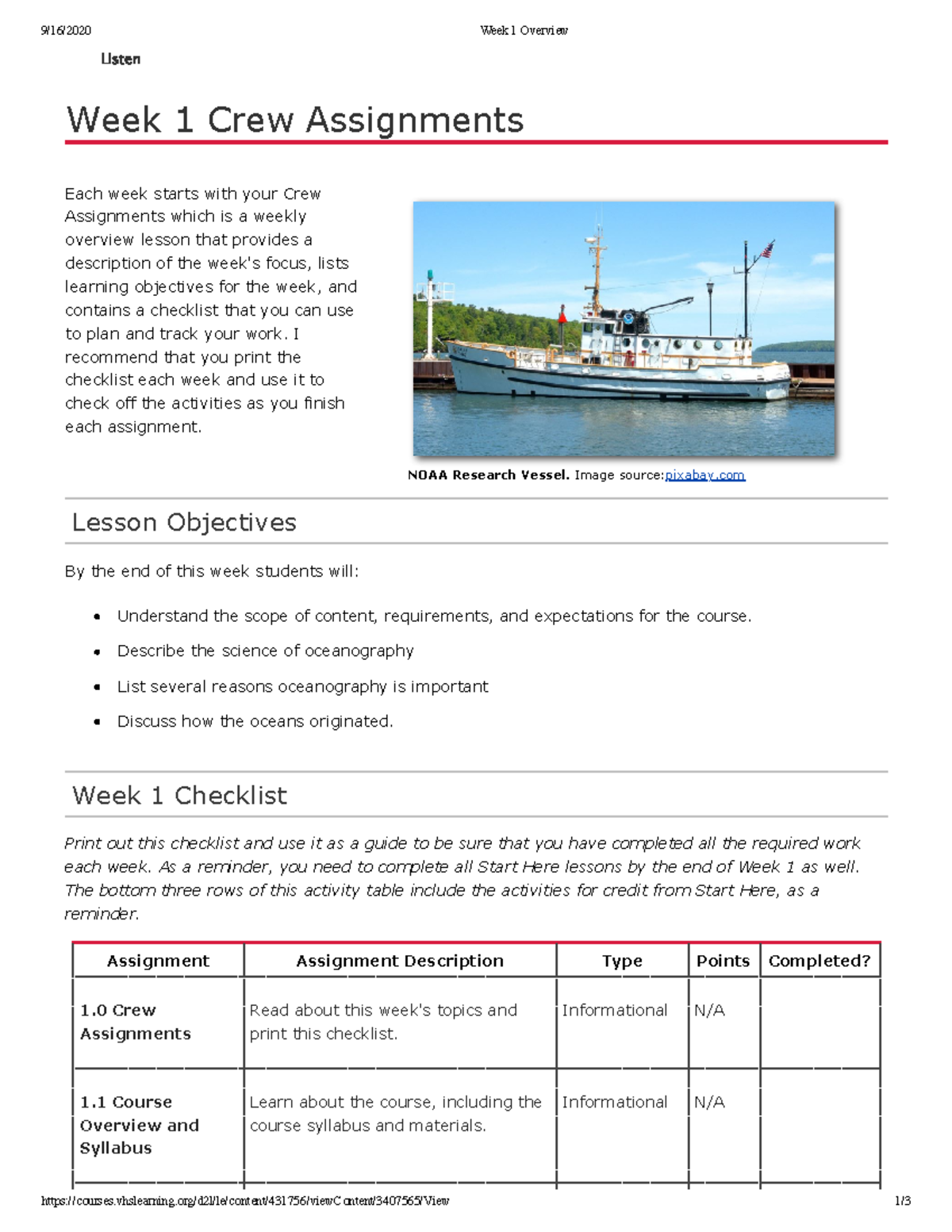 1.0 Weekly Crew Assignments - Oceanography (WS F20) - 9/16/2020 Week 1 ...