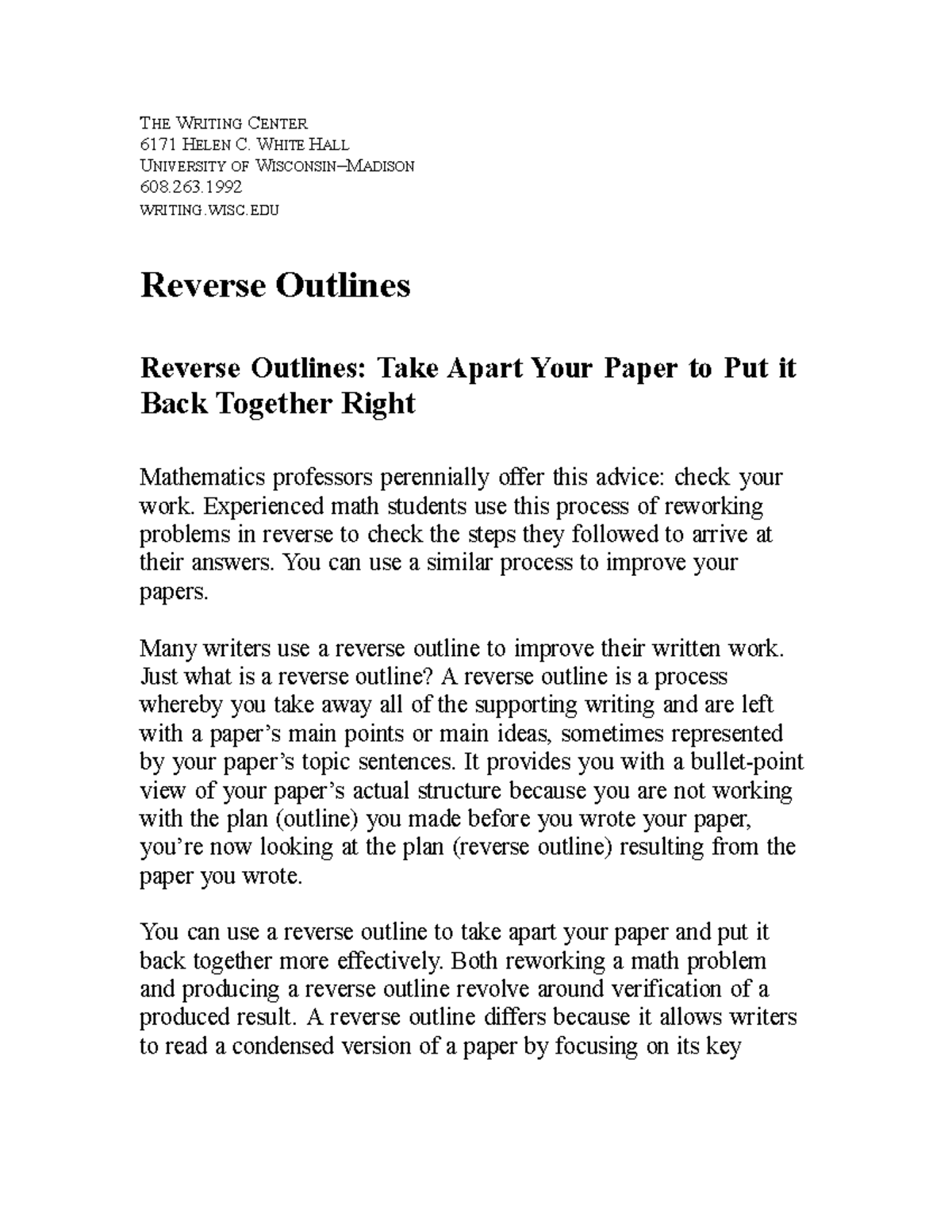 Reverse Outlines - m7 active - THE WRITING CENTER 6171 HELEN C. WHITE ...