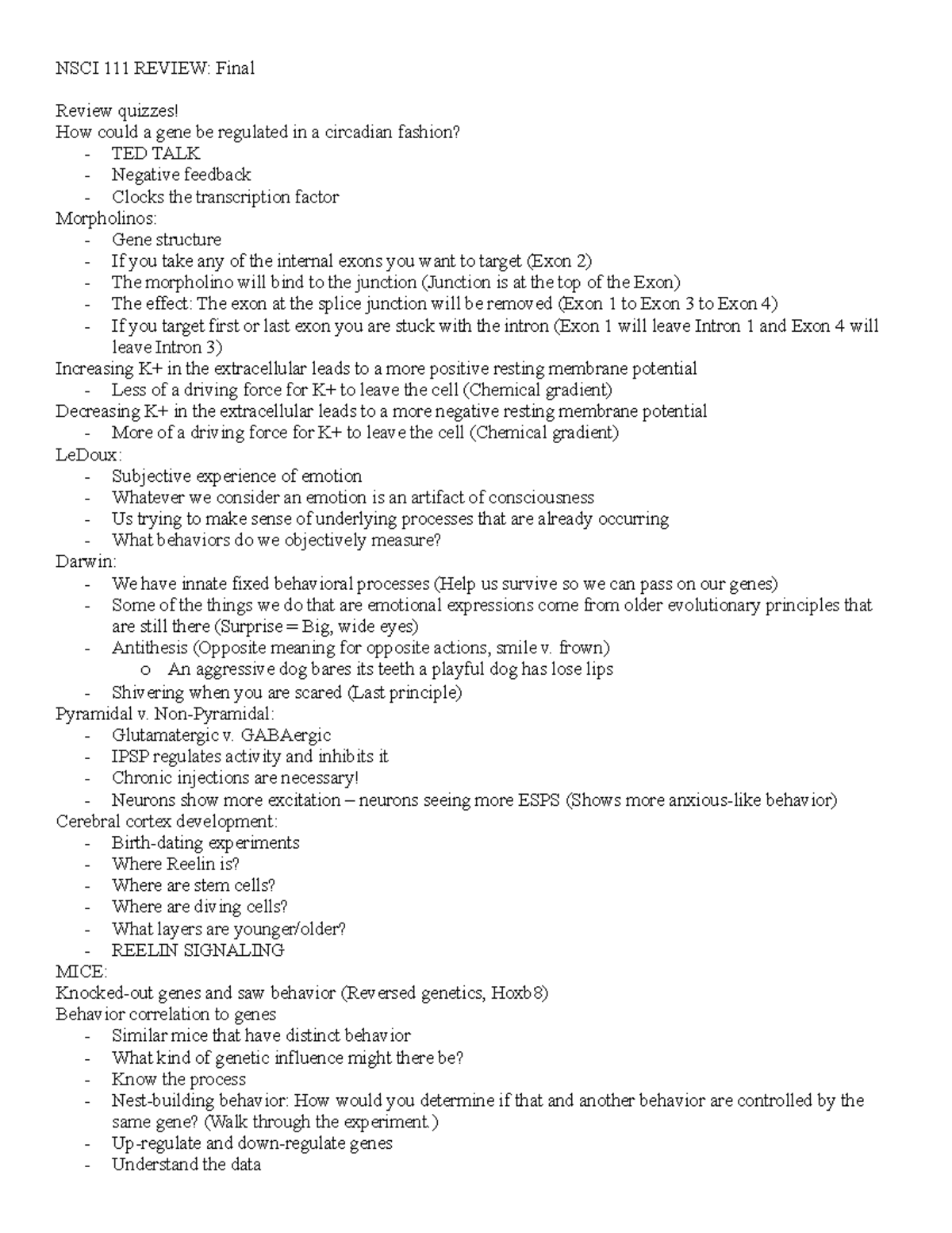 NSCI 111 Review - Summary Exploring Neuroscience - NSCI REVIEW: Final ...