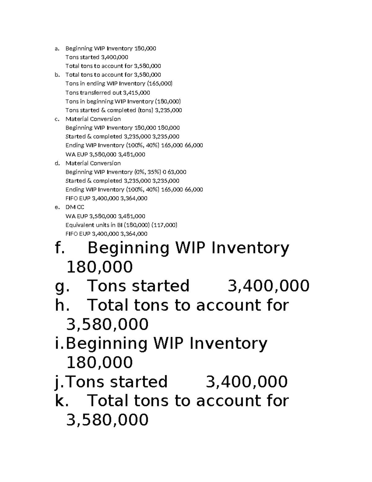 Beginning WIP Inventory 180 - a. Beginning WIP Inventory 180, Tons ...
