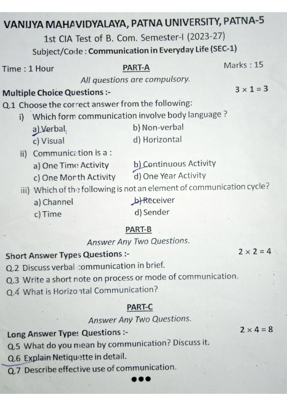 CIA SEM 1 2023-27 - Cia question paper - VANIJYA MAHAVIDYALAYA, PATNA ...