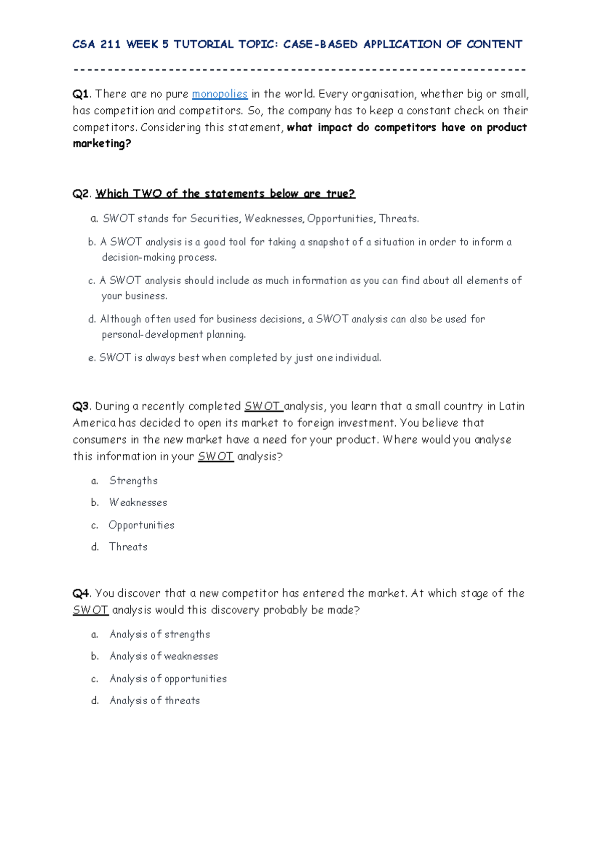 CSA 211 WEEK 5 Tutorial 4 S2 2023 - CSA 211 WEEK 5 TUTORIAL TOPIC: CASE-BASED APPLICATION OF ...