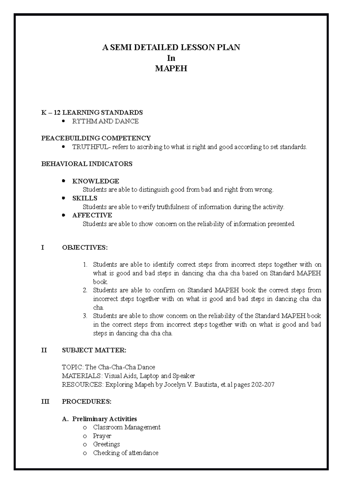 Truthful - mnnxjcuddan - A SEMI DETAILED LESSON PLAN In MAPEH K – 12 ...