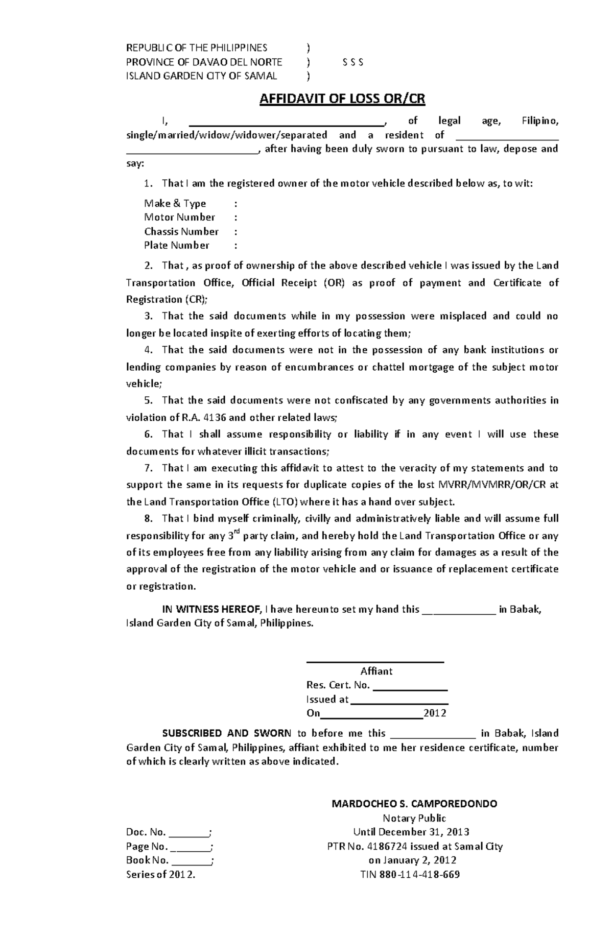99479676 Affidavit of Loss LTO Format - REPUBLIC OF THE PHILIPPINES ...