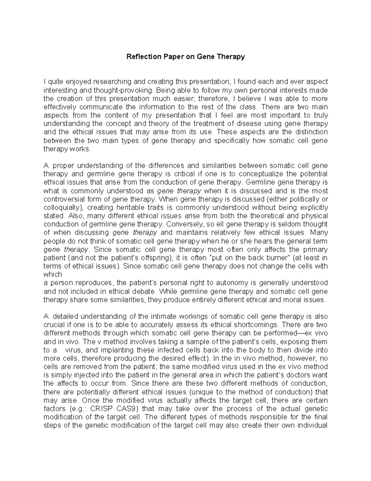 Gene Therapy- Reflection - Reflection Paper on Gene Therapy I quite ...