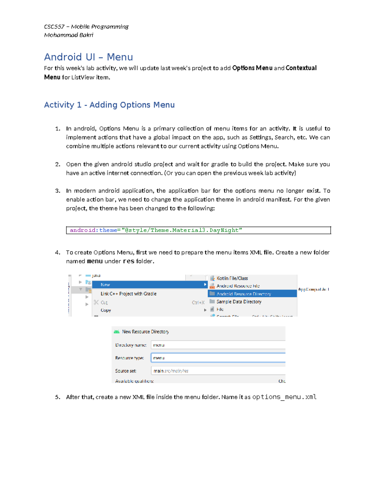 Lab - Android Menu v1.1 - Mohammad Bakri Android UI – Menu For this ...