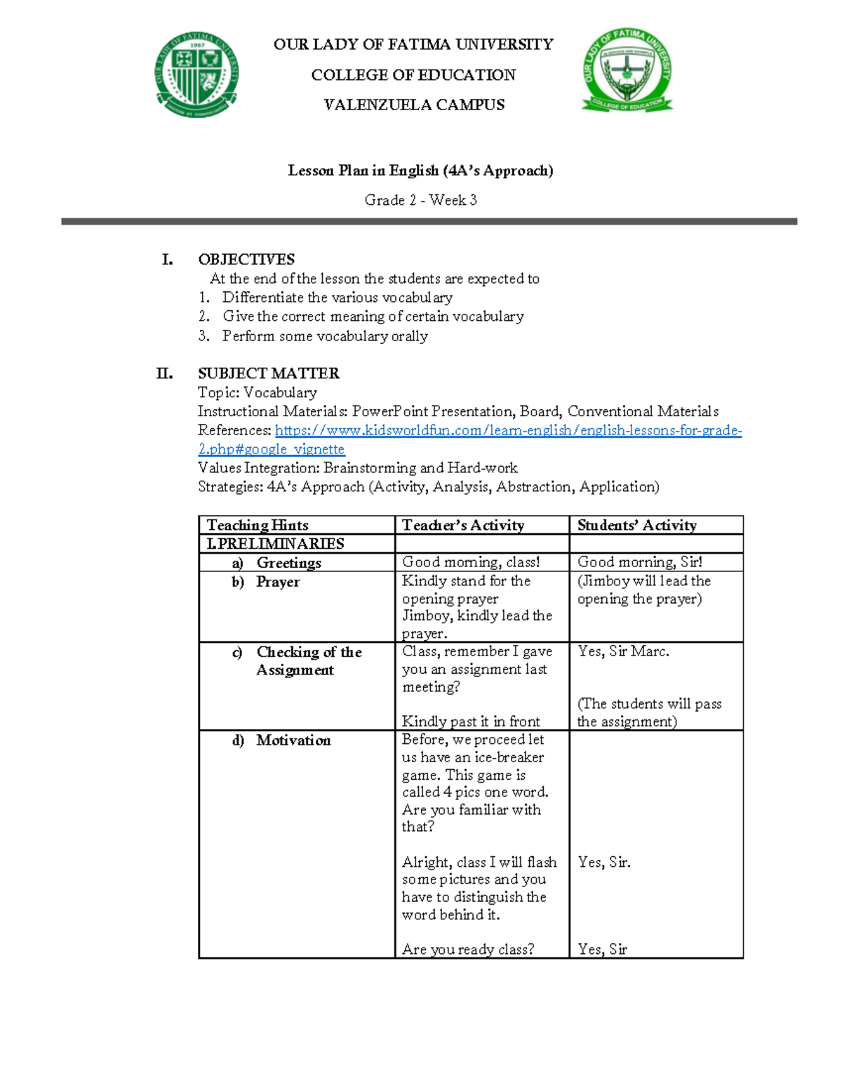 LESSON PLAN TCOM 111 - COLLEGE OF EDUCATION VALENZUELA CAMPUS Lesson ...