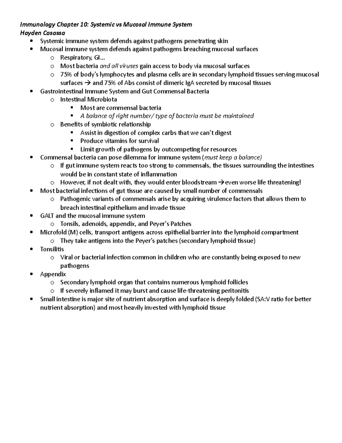 Chapter 10 Notes - Immunology Chapter 10: Systemic vs Mucosal Immune ...