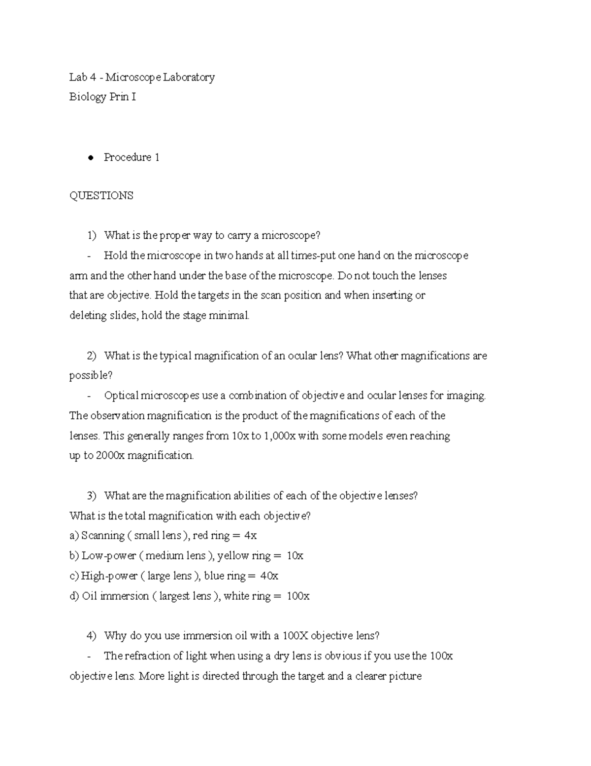 Microscope Lab - Lab Questions and Answers - Lab 4 - Microscope ...