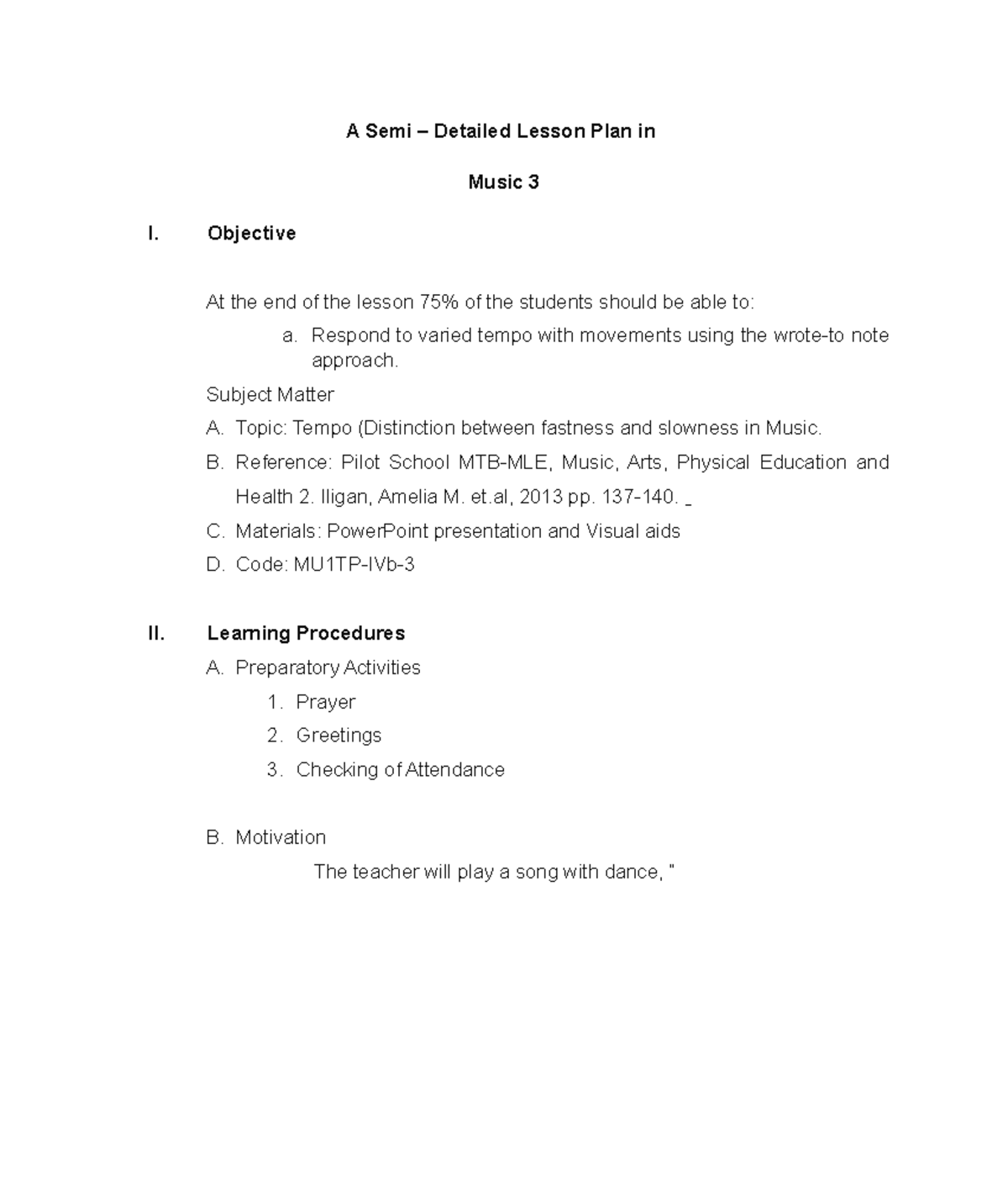 English-4A - Practice - A Semi – Detailed Lesson Plan in Music 3 I ...