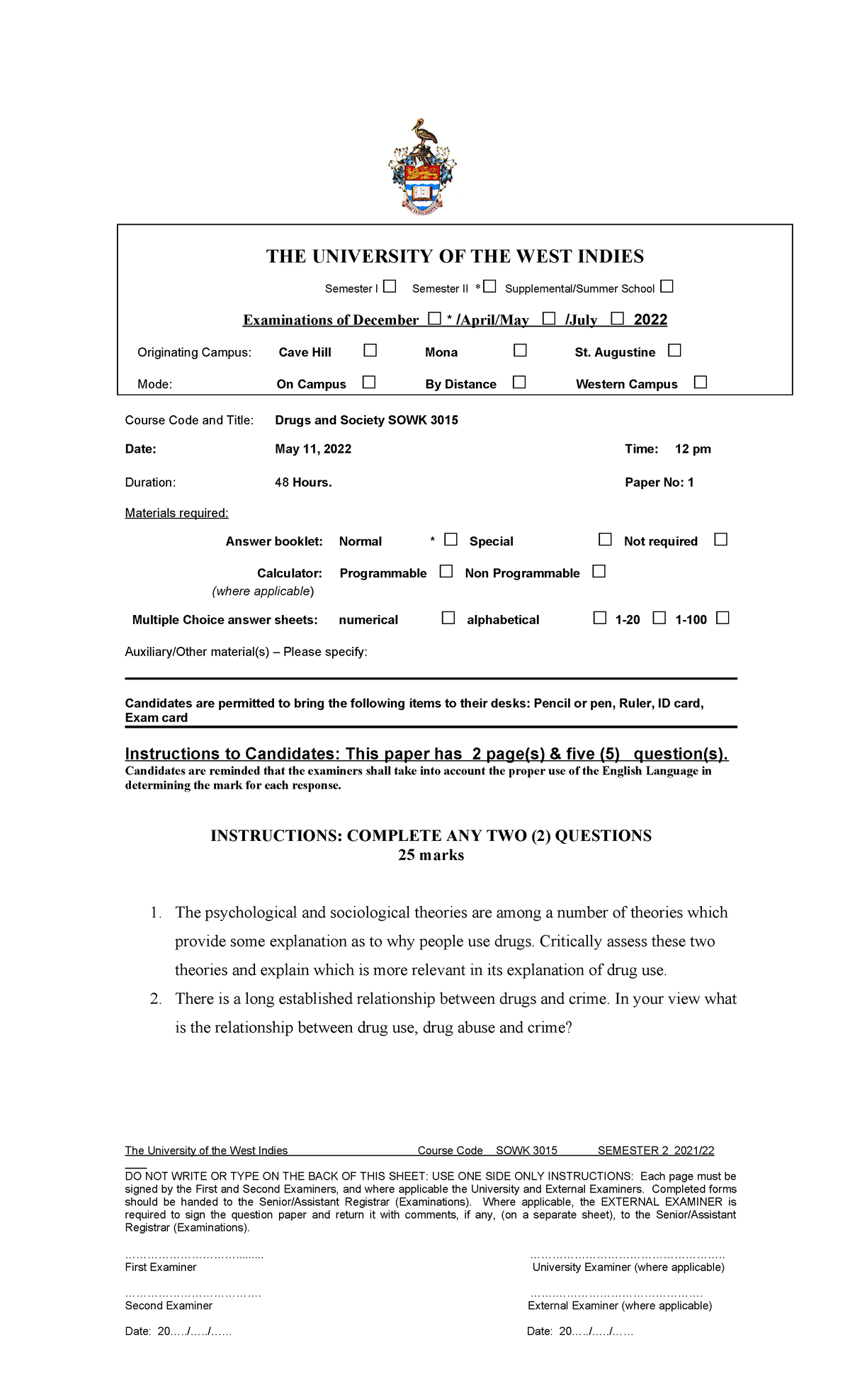 SOWK 3015 - exam past papers - THE UNIVERSITY OF THE WEST INDIES ...