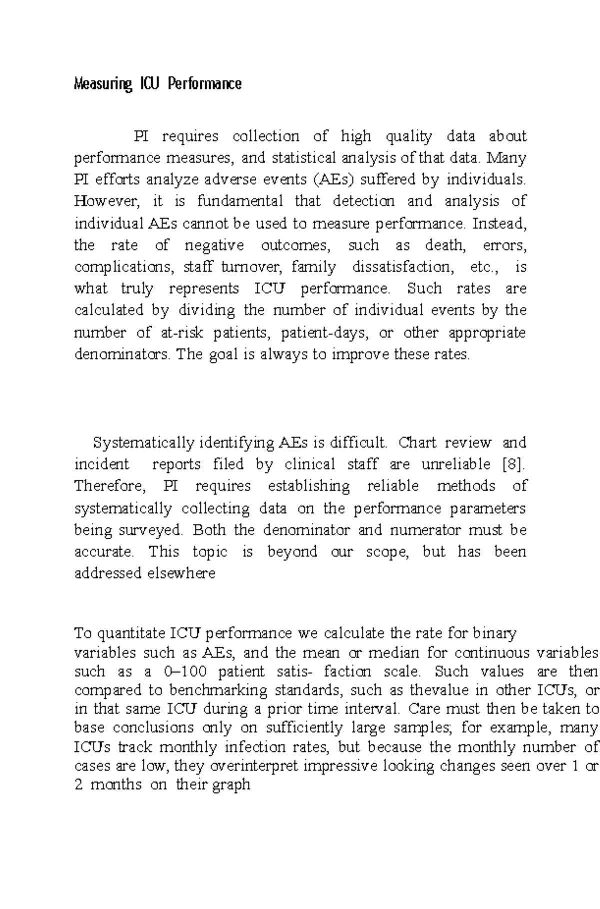 Measuring ICU Performance - Many PI efforts analyze adverse events (AEs ...