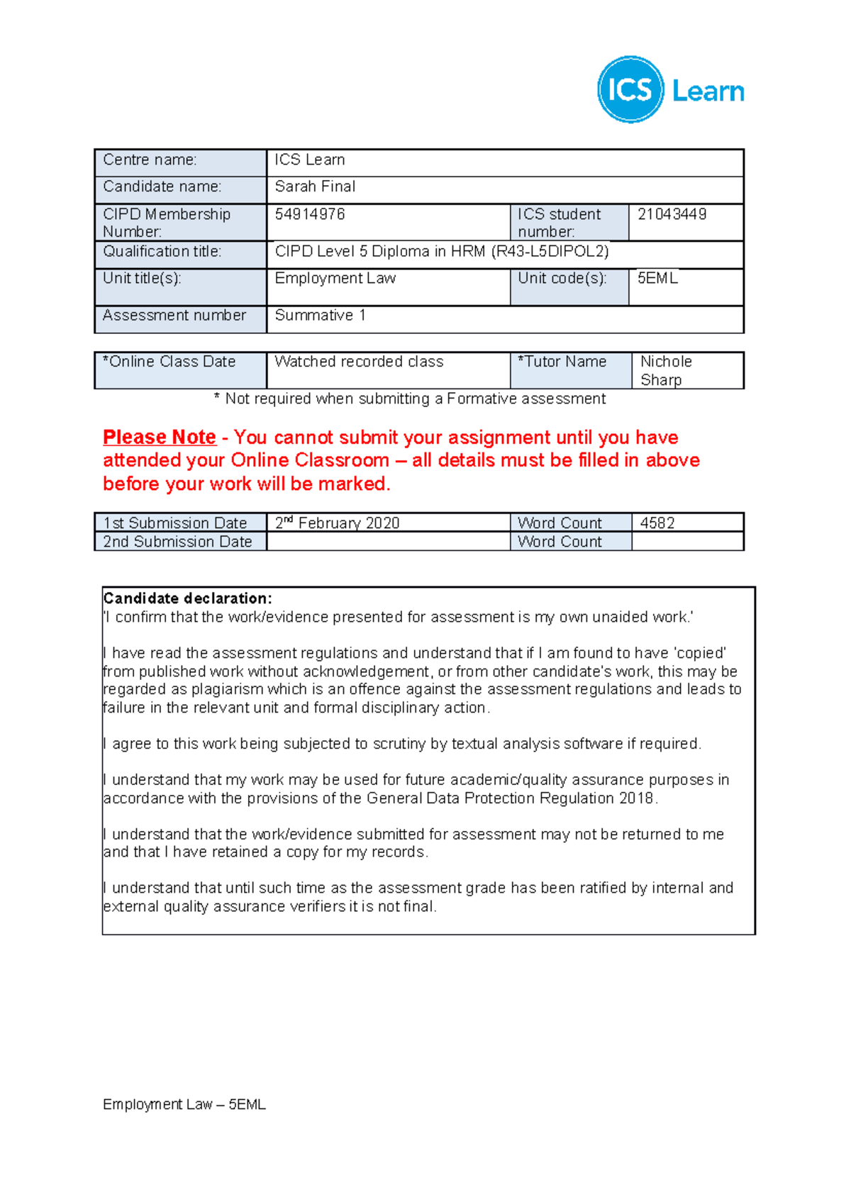 Employment Law 5EML - Summarative Assessment - Centre name: ICS Learn ...