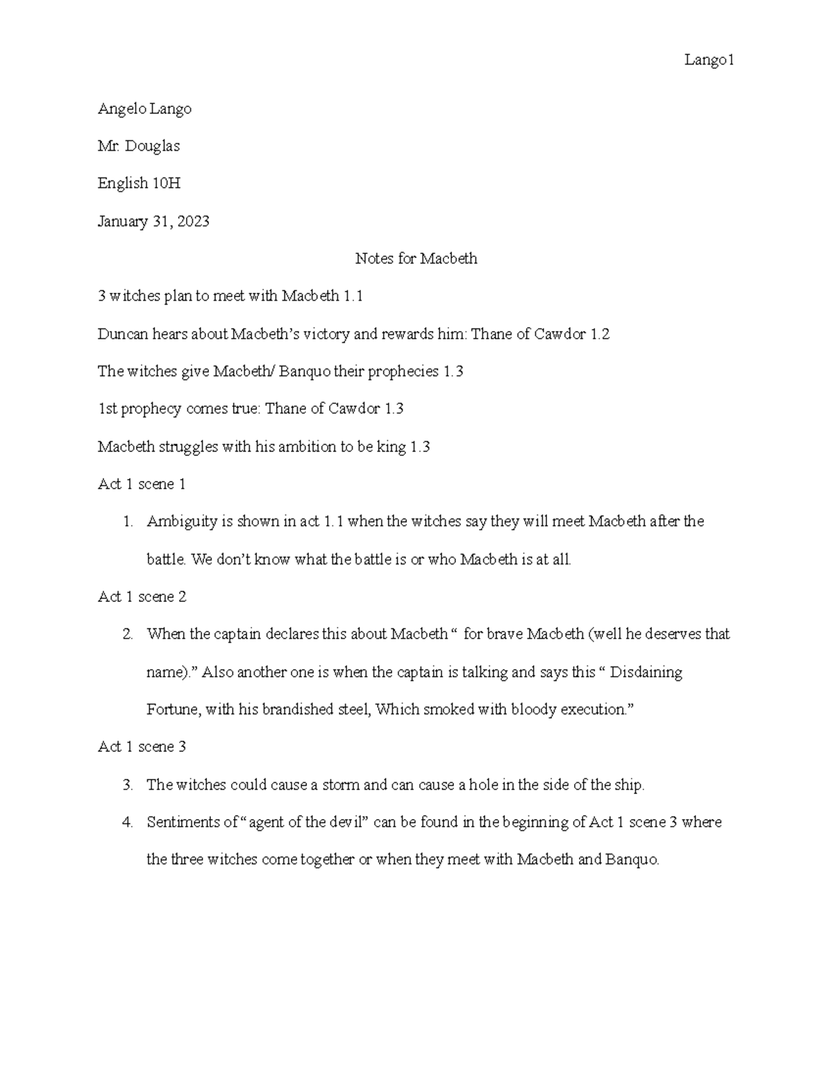 Notes for Macbeth-Angelo Lango - Angelo Lango Mr. Douglas English 10H ...