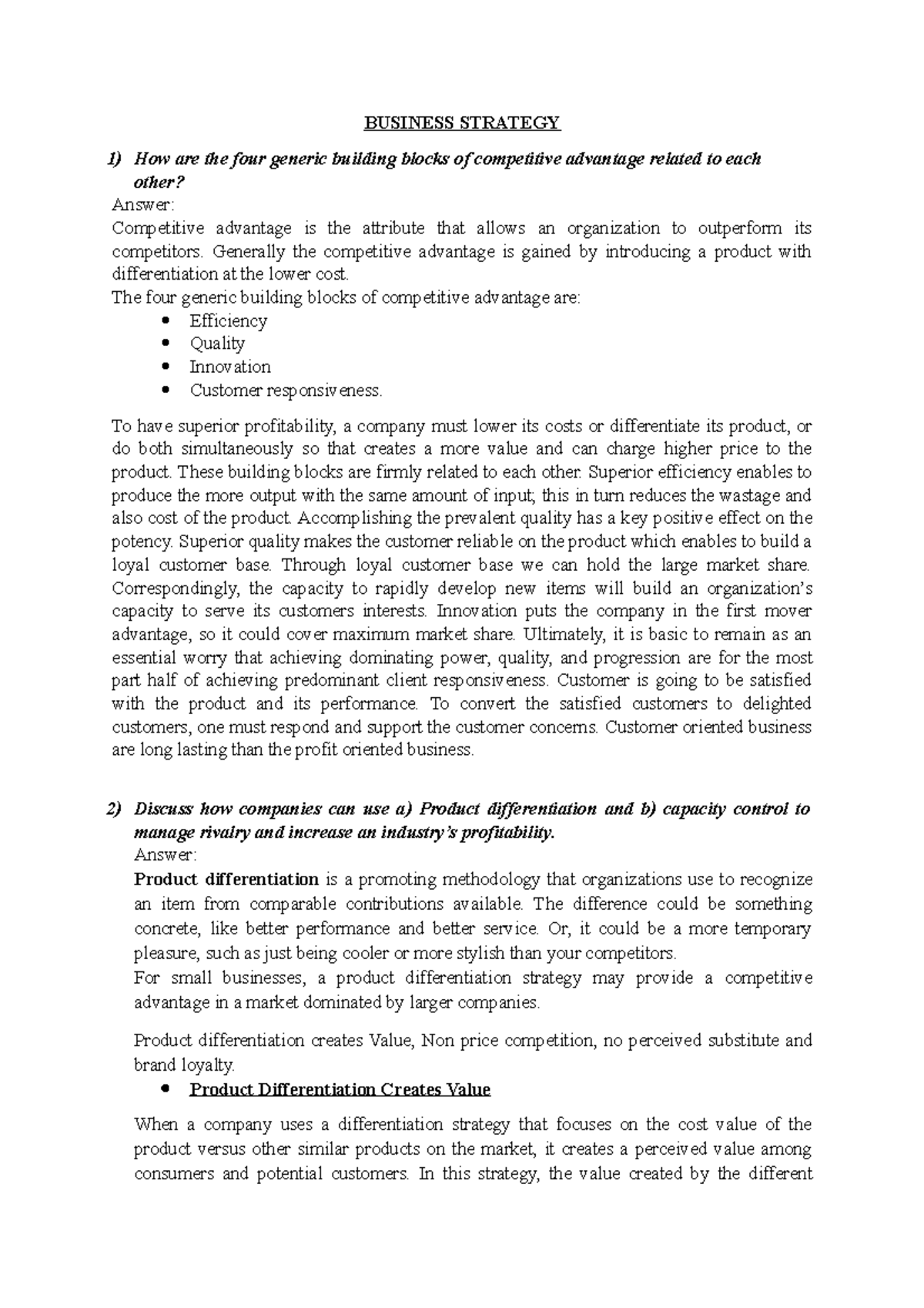 Business strategy - BUSINESS STRATEGY How are the four generic building ...