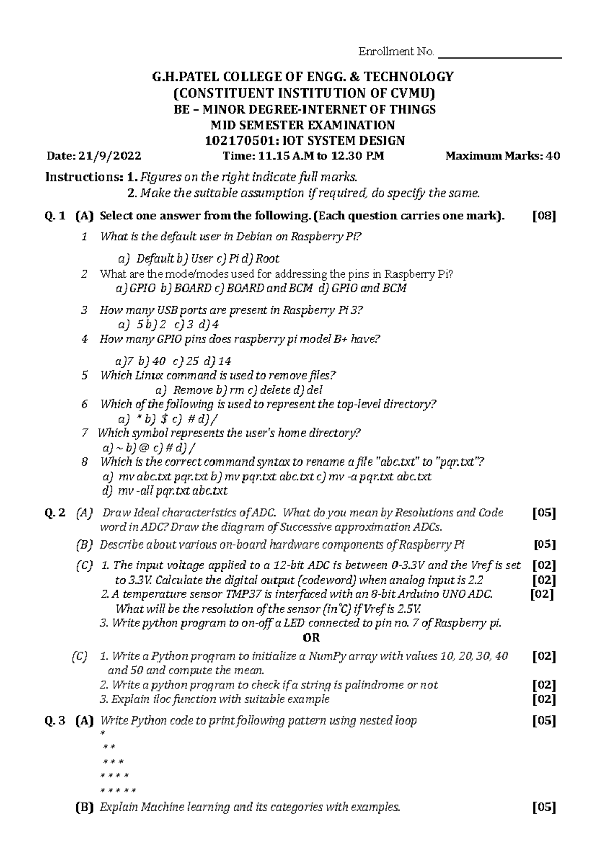 IOT3 Midsem final - Internet of Things Question paper - Enrollment No