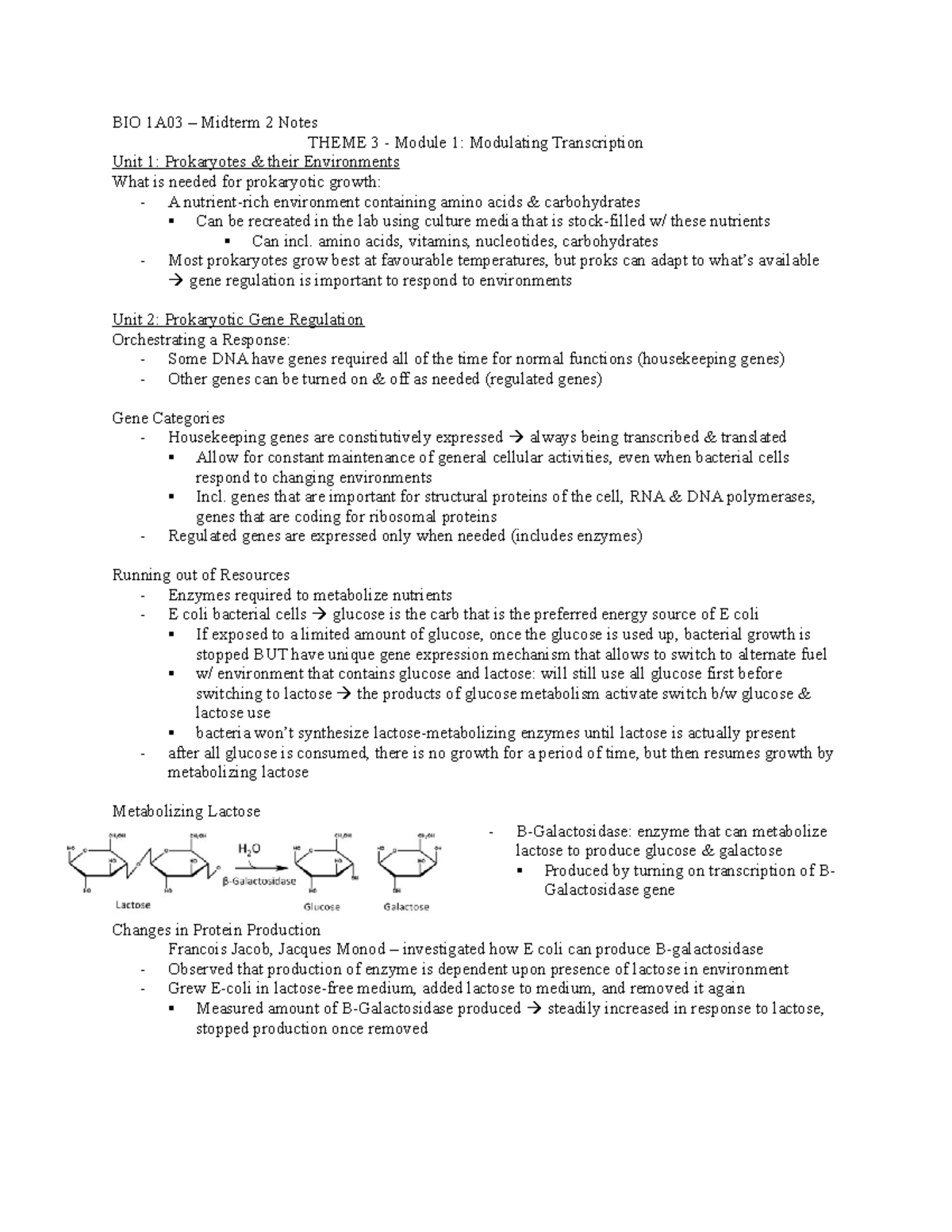 BIO 1A03 Midterm 2 Notes - BIO 1A03 – Midterm 2 Notes THEME 3 - Module ...