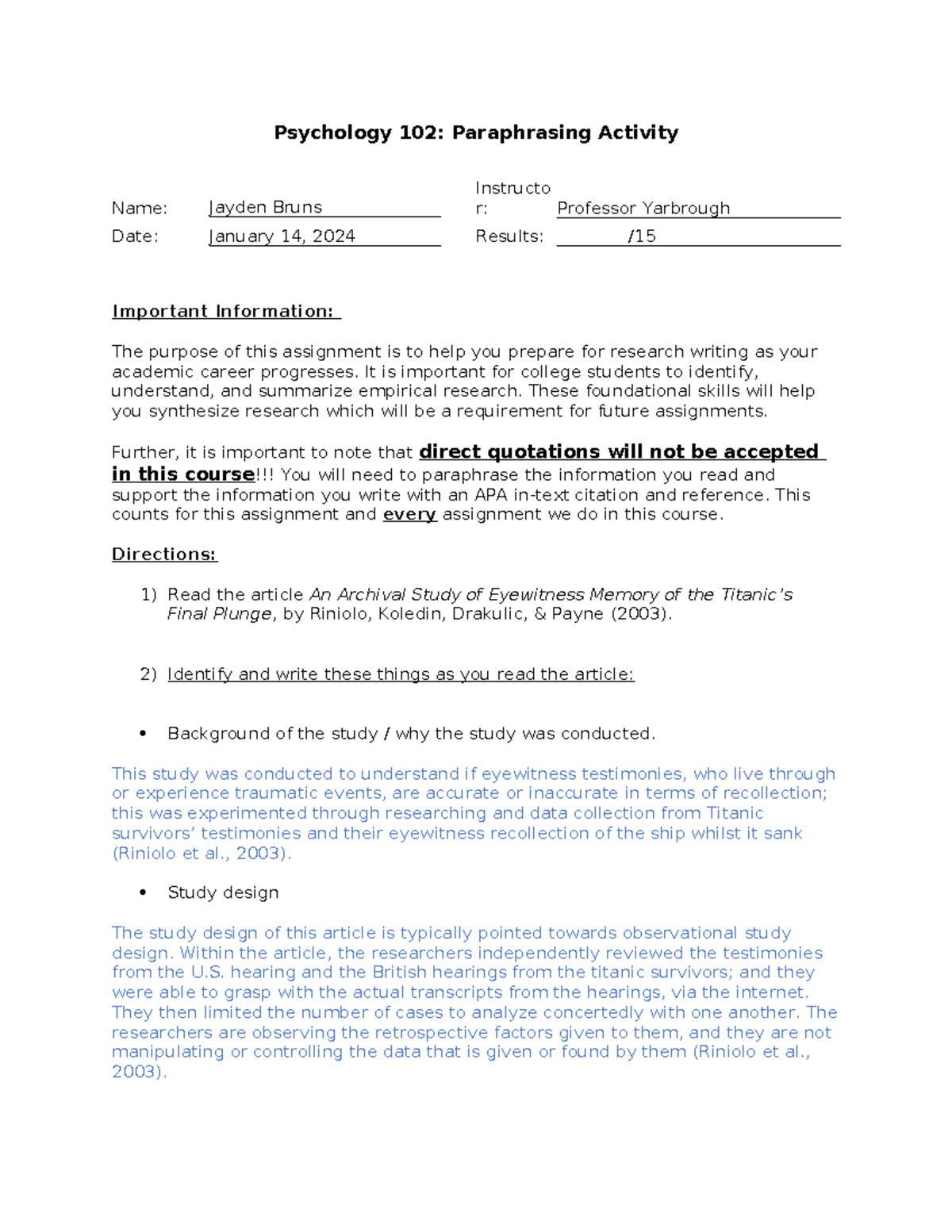 Paraphrasing Activity - Psychology 102: Paraphrasing Activity Name ...