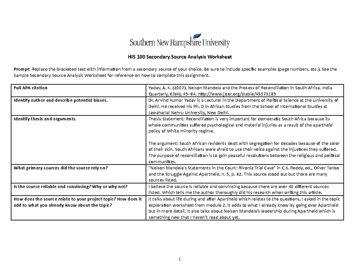 HIS 100 Secondary Source Analysis Worksheet - HIS 100 Secondary Source ...
