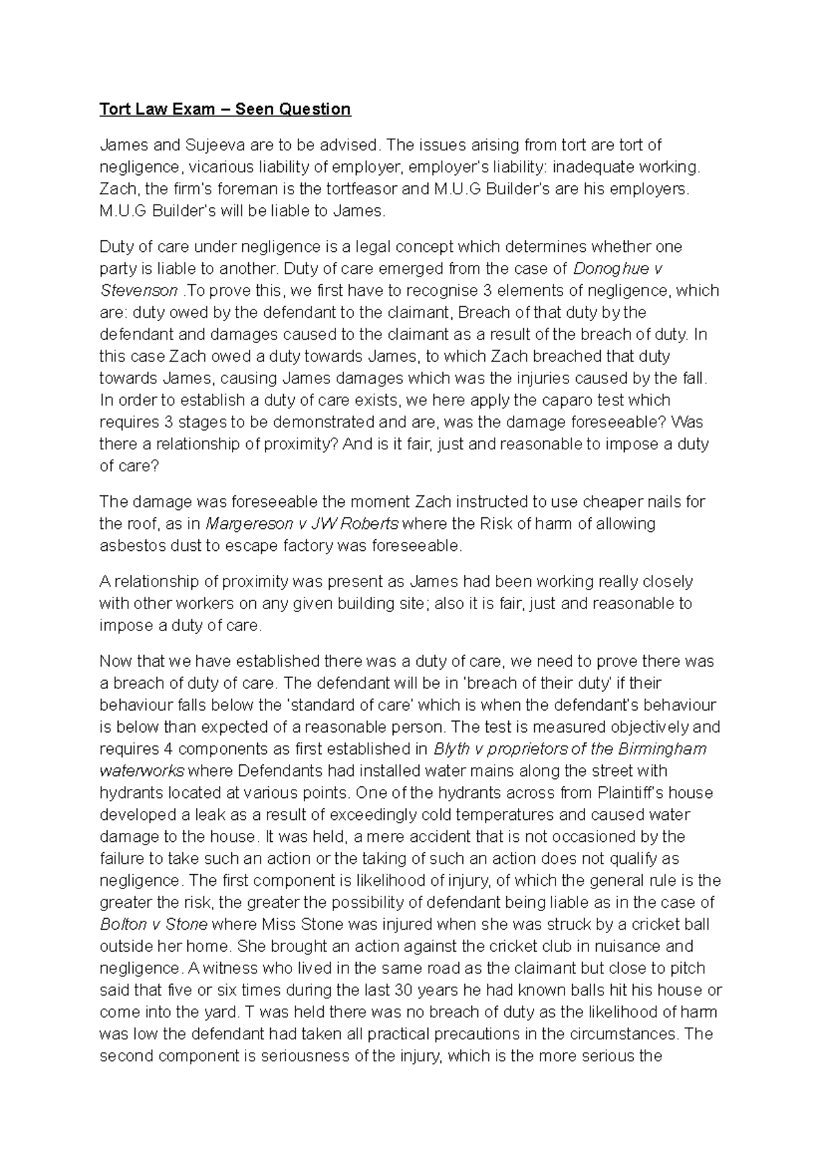 Tort Law - Seen Q - Answer - Tort Law Exam – Seen Question James and ...