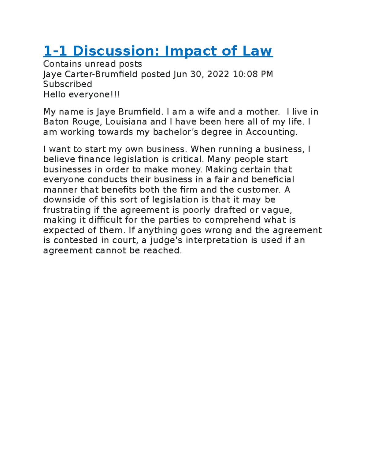 BUS 206 1-1 Discussion Impact of Law - 1-1 Discussion: Impact of Law ...