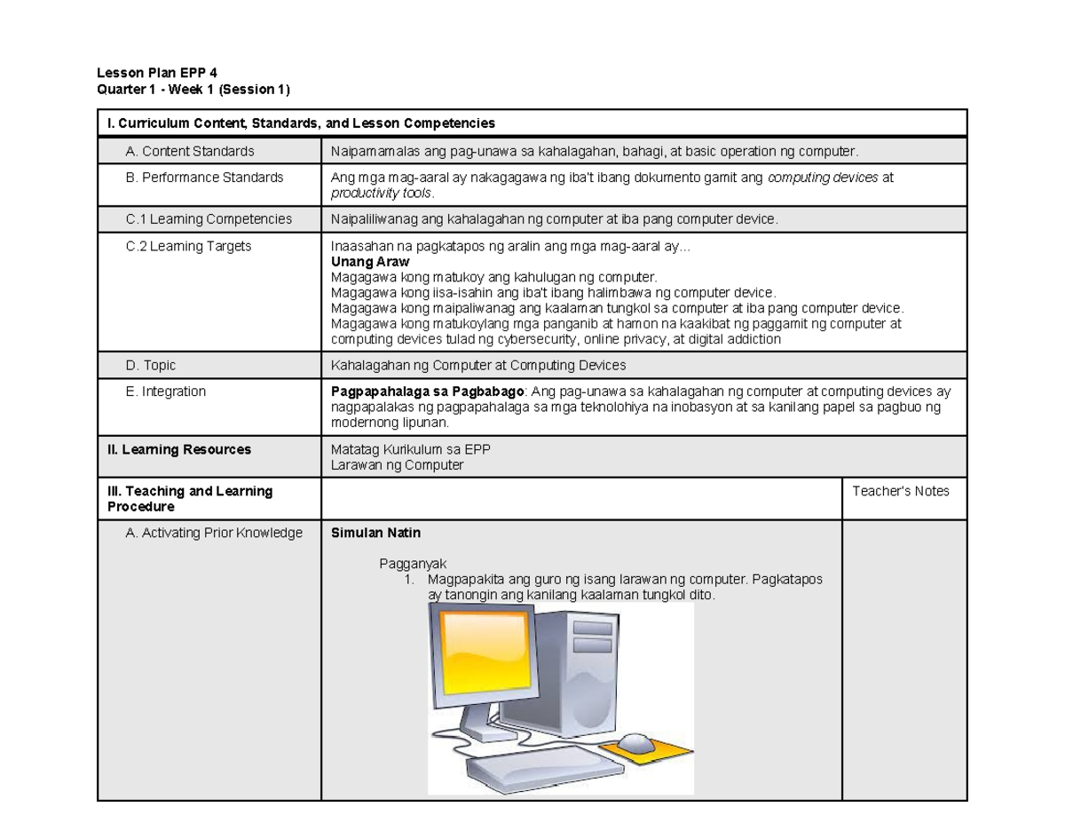 Arts and Crafts-Lesson 5 Guide Writing - Lesson Plan EPP 4 Quarter 1 ...